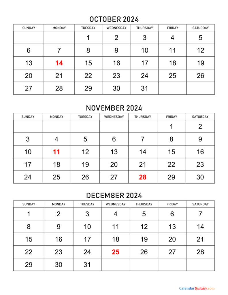 Free Printable 3 Month Calendar October December 2024 | Printable Calendar
