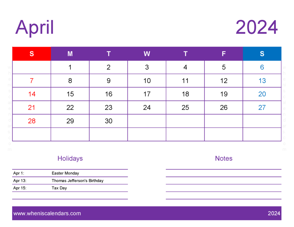 Free Printable April 2024 Calendar Waterproof | Printable Calendar