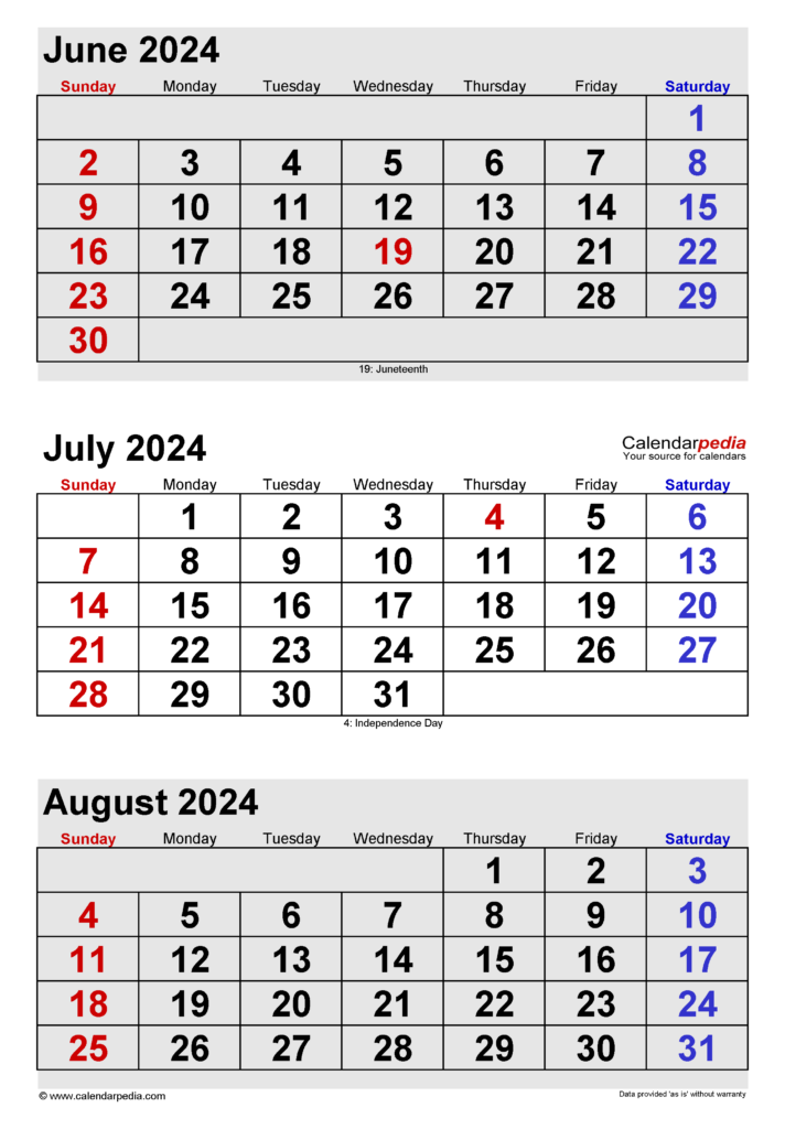Free Printable 3 Month Calendar 2024 June July August | Printable Calendar