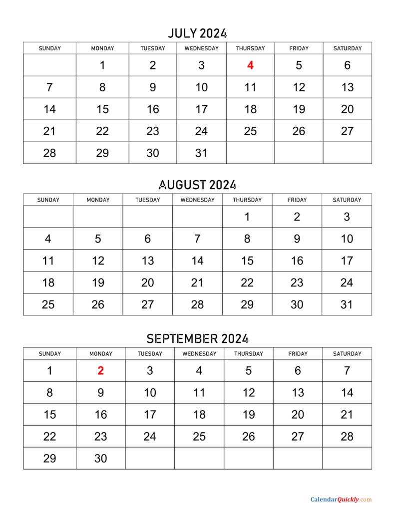 Free Printable 3 Month Calendar 2024 July August September 2024 ...