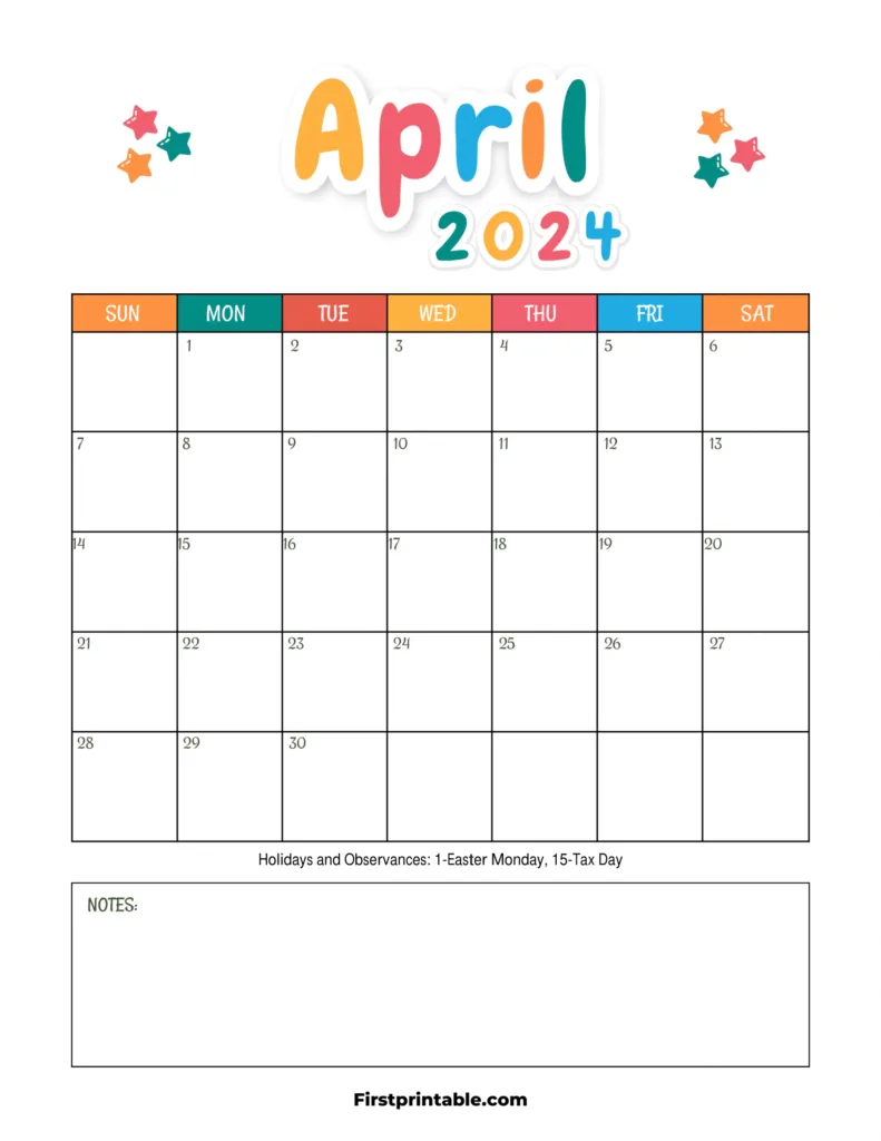 Free Printable April 2024 Calendar For Kids | Printable Calendar