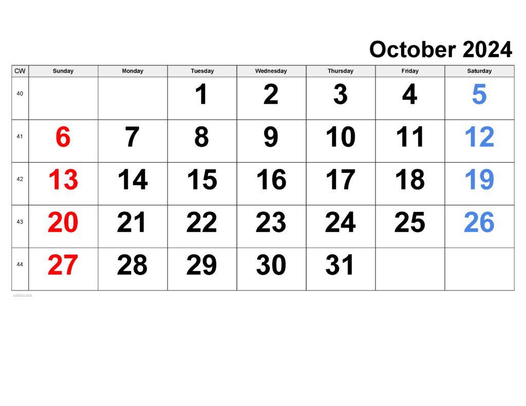 October 2024 Calendar Numbers Printable | Printable Calendar