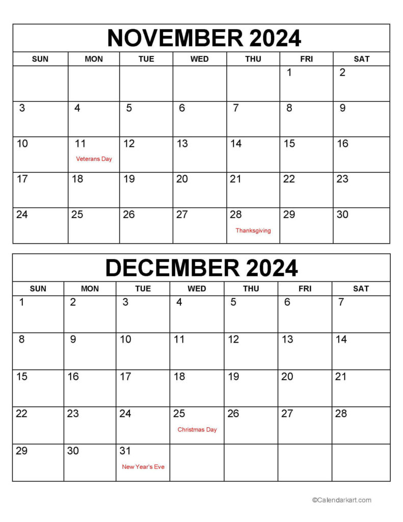 Free Printable Monthly Calendar For November And December 2024 ...