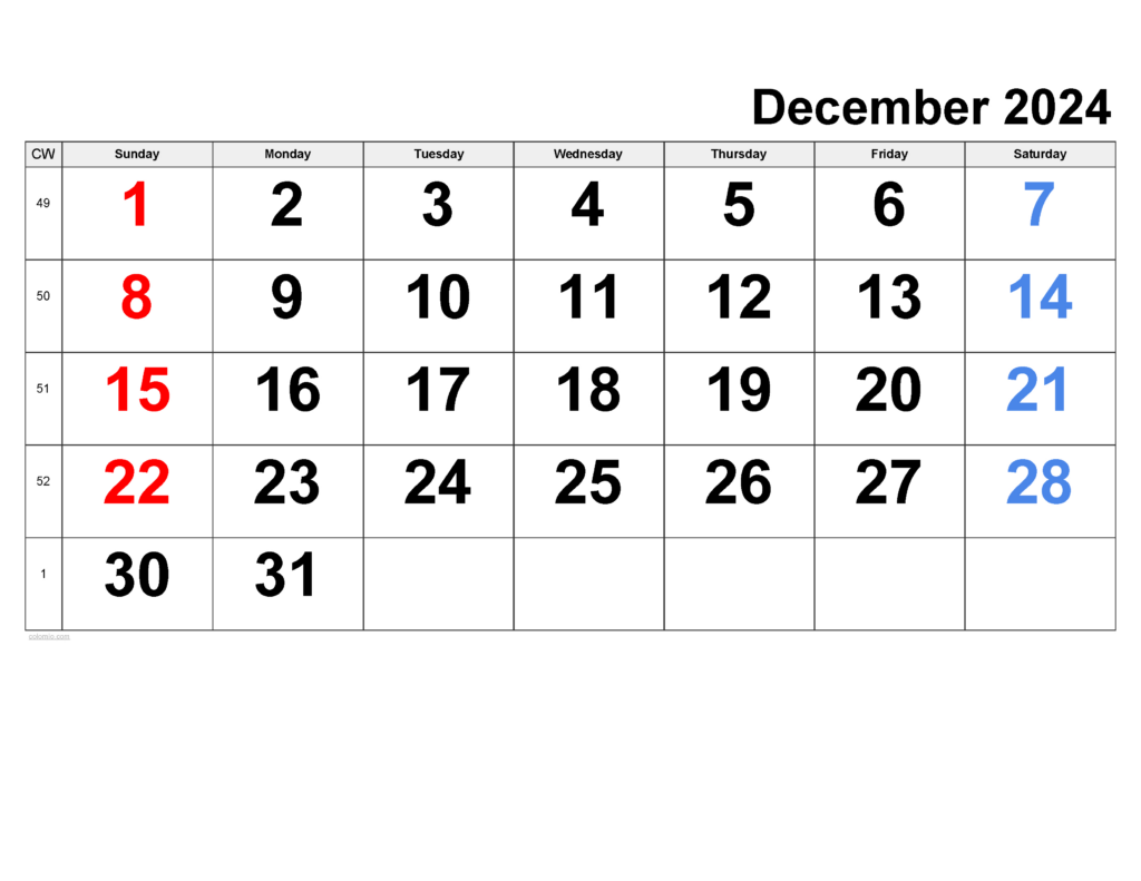 2024 December Calendar With Week Numbers Printable | Printable Calendar