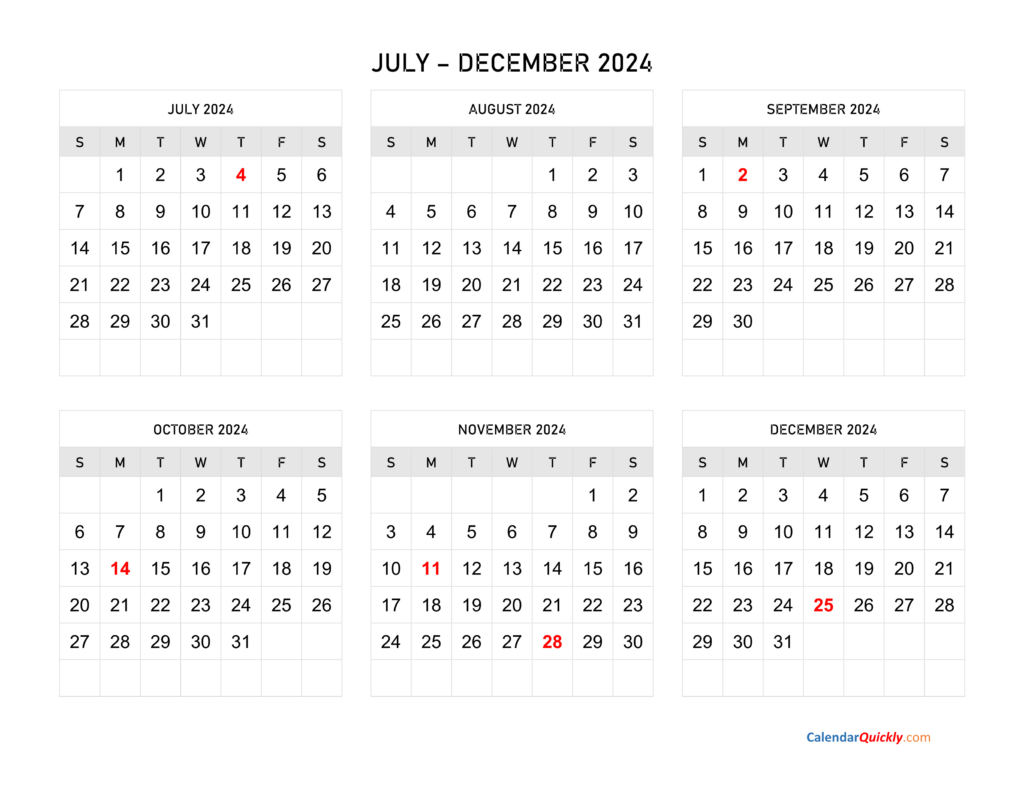 Calendar 2024 Printable June Through December | Printable Calendar