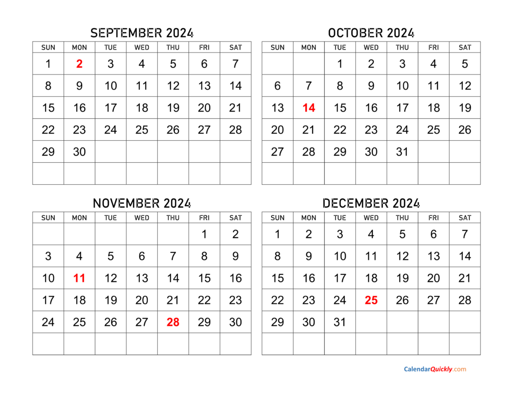 4 Month Calendar September To December 2024 Printable | Printable Calendar