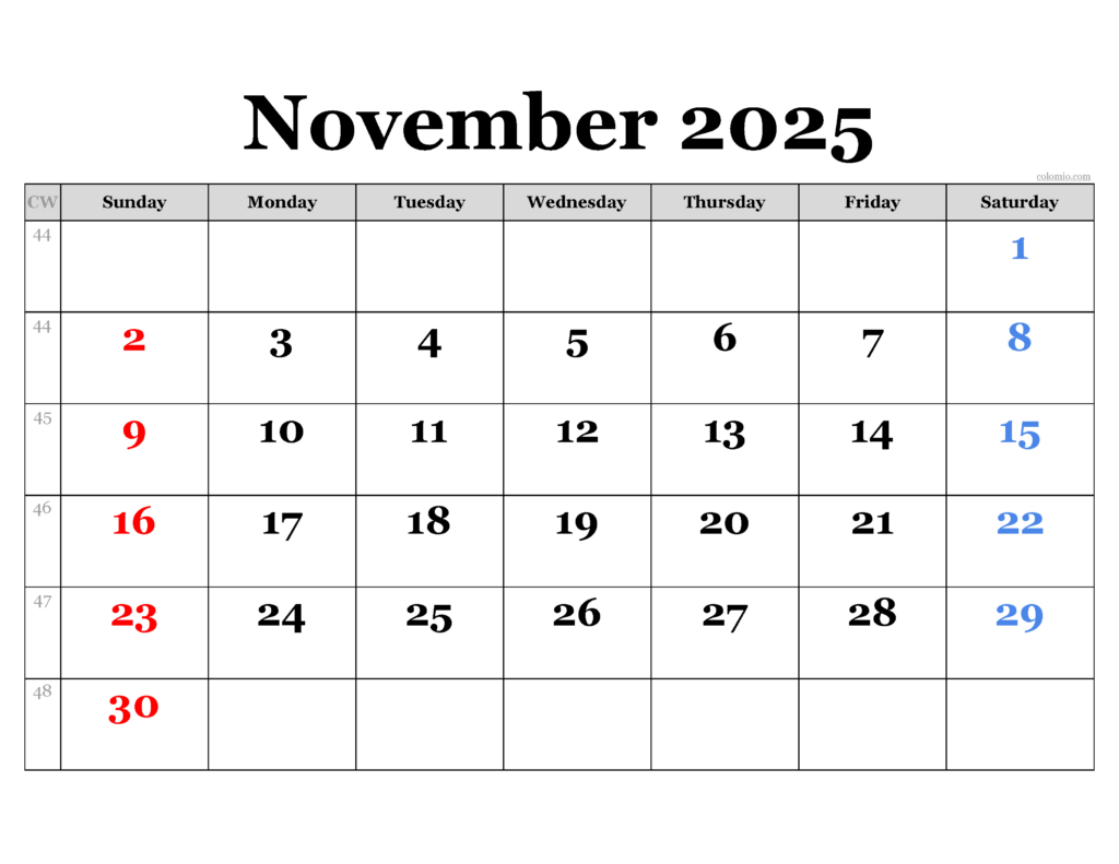 November 5th 2025 Calendar | Printable Calendar