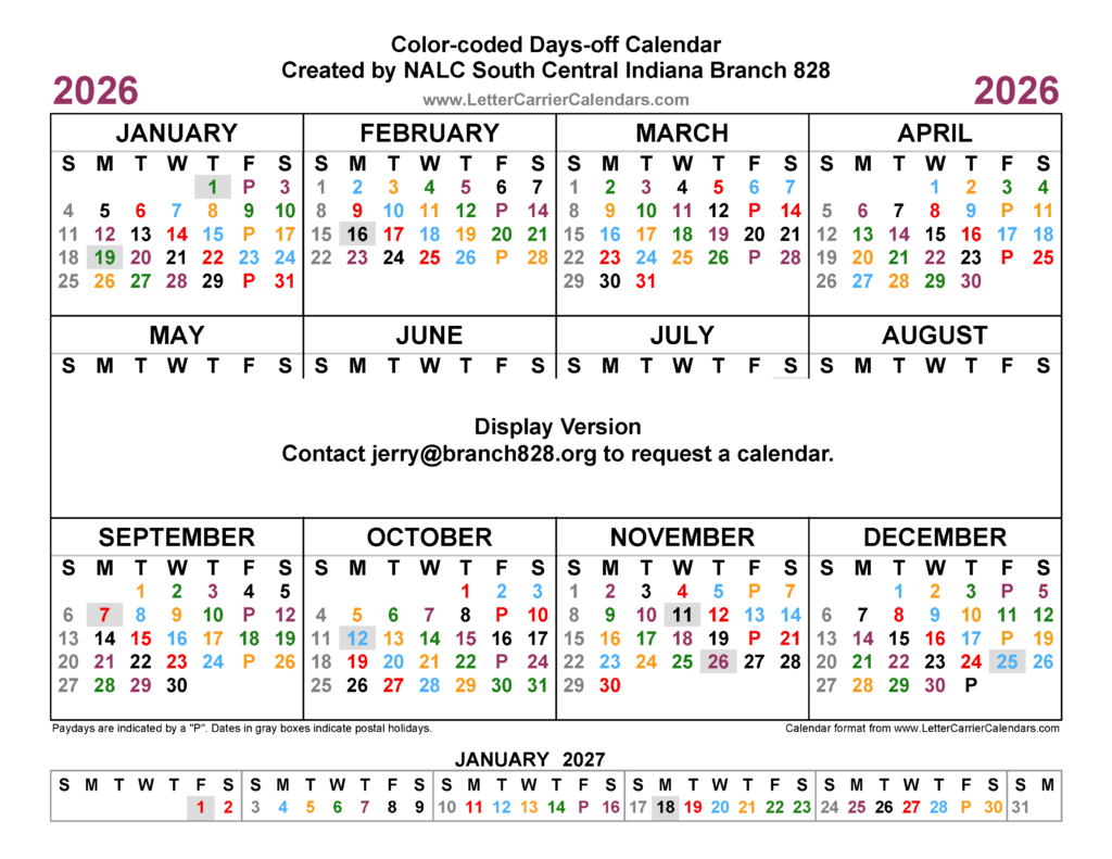 USPS Color Coded Calendar 2026 Printable | Printable Calendar