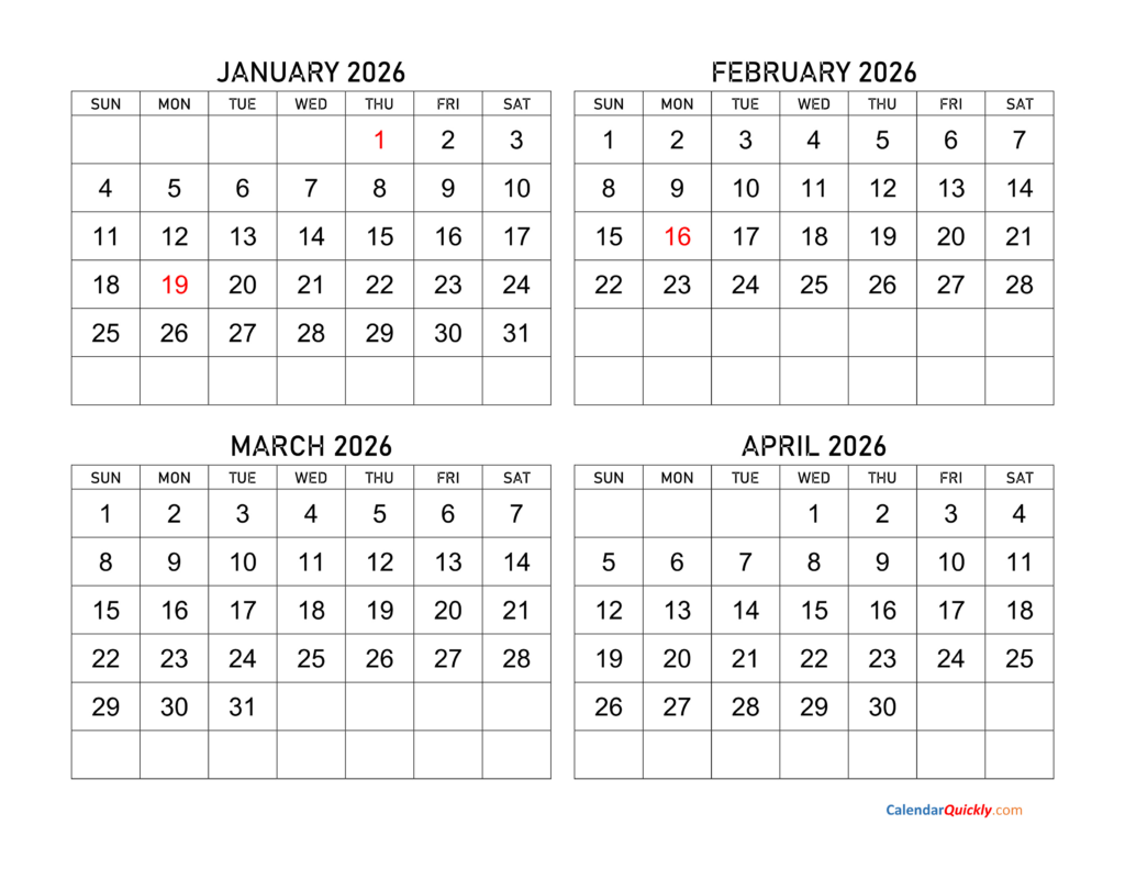 Free Printable 4 Month Calendar 2026 | Printable Calendar
